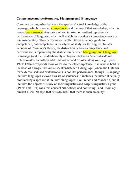 Chomsky Competence And Performance I Language And E Language Chomsky