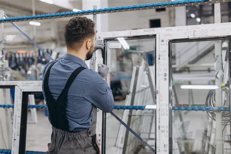 생산 라인 에서 알루미 과 Pvc 창문 프레임 을 조립 하는 공장 노동자 프리미엄 사진