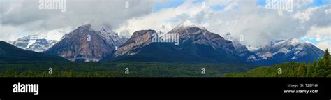 Landscape Panorama Of Banff National Park In Canada With Snow Capped