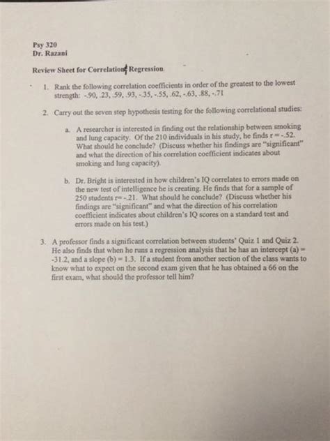 Solved Psy 320 Dr Razani Review Sheet For Correlation