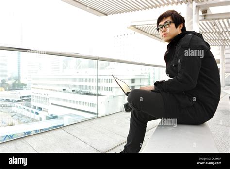 Man Using Computer Outdoor Stock Photo Alamy