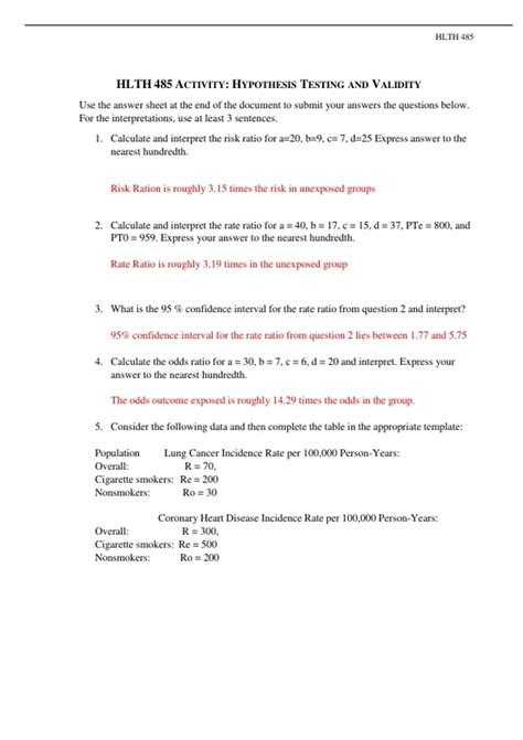 Hlth 485 Activity Hypothesis Testing And Validity 2025 Update With Complete Solutions Hlth