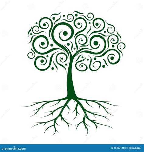 Green Tree With Leaves And Roots Vector Outline Illustration Stock Vector Illustration Of