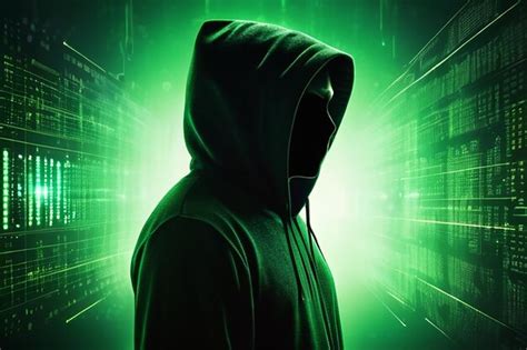 silhouette of a hacker in a hood with binary code on a luminous green