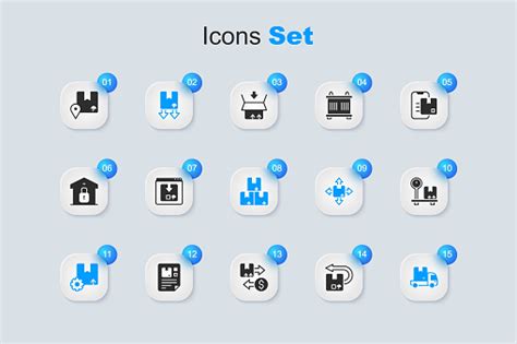 반환 판지 상자 온라인 앱 배달 추적 교통 기호가 있는 판지 기어 패키지 배달 화물 트럭 규모 위치 및 상자 아이콘을 설정합니다 벡터 감시에 대한 스톡 벡터 아트 및 기타