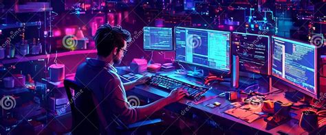 Software Developer Working In A Neon Lit Workspace On Multiple Screens