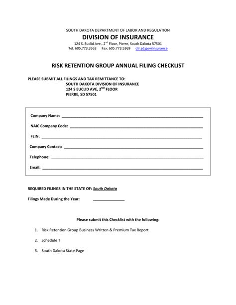 South Dakota Risk Retention Group Annual Filing Checklist Fill Out