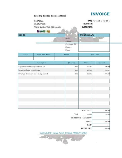 Free Printable Catering Invoice Templates Excel Pdf Word