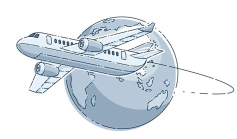 항공사 항공 여행 엠블럼 또는 비행기 여객기와 행성 지구가 있는 삽화 아름 다운 얇은 라인 벡터 흰색 배경 위에 절연입니다 프리미엄 벡터