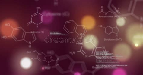 Animation Of Chemical Structures And Data Processing Against Glowing Spots Of Light Stock