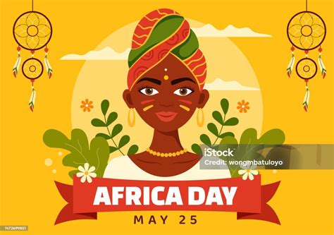 5월 25일 해피 아프리카의 날 문화 아프리카 부족 인물이 웹 배너 또는 랜딩 페이지 템플릿을 위해 손으로 그린 평면 만화 그림