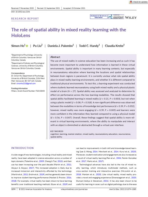 The Role Of Spatial Ability In Mixed Reality Learning With The Hololens Pdf Neuroscience