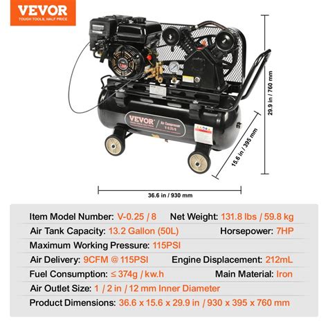 Vevor 7hp Gas Powered Air Compressor 132 Gallon Horizontal Air