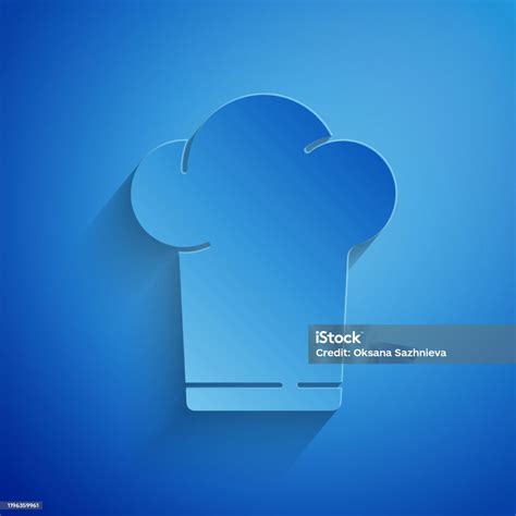 파란색 배경에 고립 된 종이 컷 요리사 모자 아이콘입니다 요리 기호입니다 모자를 요리합니다 종이 아트 스타일입니다 벡터 일러스트레이션 교통 위반 티켓에 대한 스톡 벡터 아트