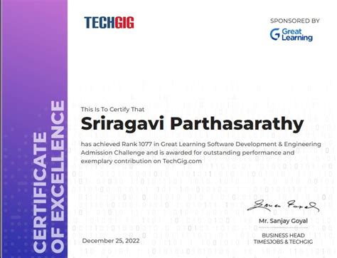 Sriragavi P On Linkedin Hello Certificate Of Excellence In Great