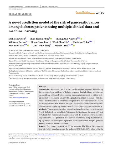 Pdf A Novel Prediction Model Of The Risk Of Pancreatic Cancer Among Diabetes Patients Using