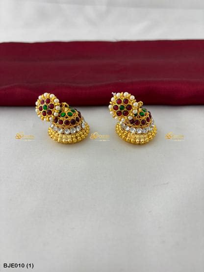 Bharatanatyam Jhumka Earrings With Kemp Stones Golden Collections