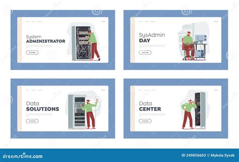 Sysadmin Working Landing Page Template Set Male Character Doing