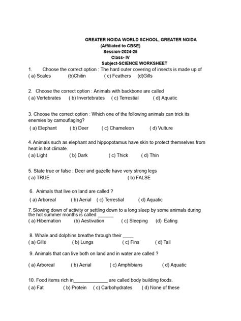 Class 4 Worksheet Pdf