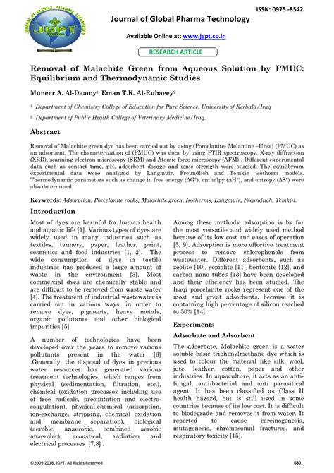 Pdf Removal Of Malachite Green From Aqueous Solution By Pmuc Equilibrium And Thermodynamic