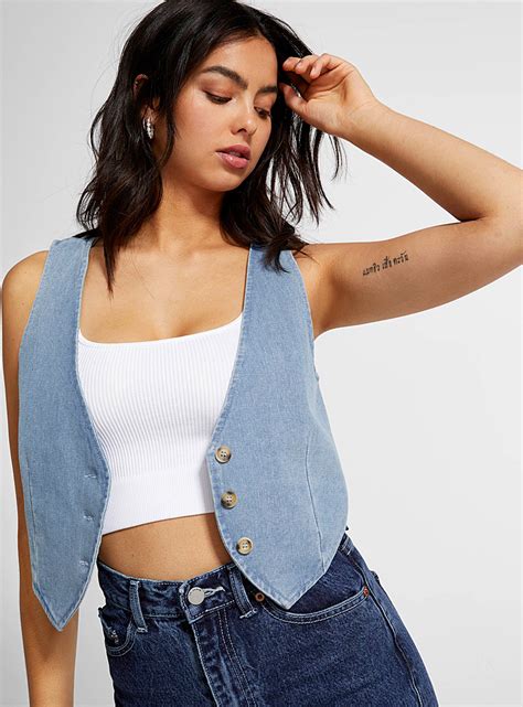 Faded Denim Cropped Vest Icône Womens Jackets Simons