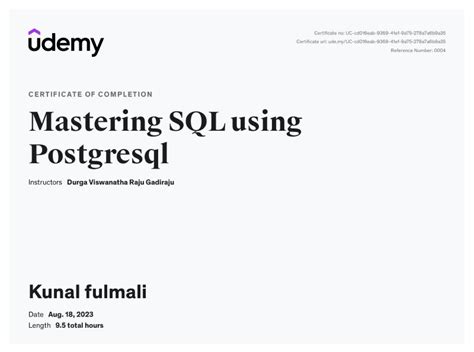 completed sql with postgresql certificate kunal fulmali posted on the