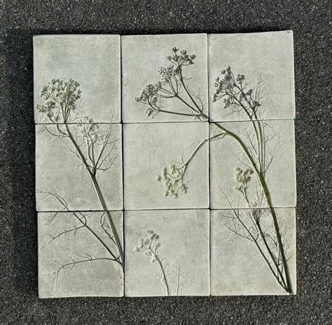 9 Tiles Set Handmade Ceramic Tiles With Real Plants Impressions