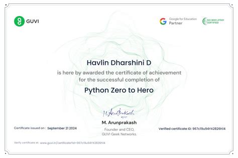 Havlin Dharshini On Linkedin Python Guvi Techskills