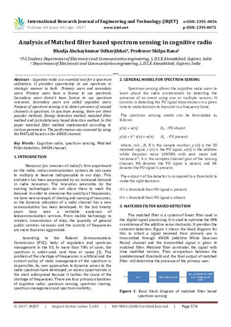 Pdf Analysis Of Matched Filter Based Spectrum Sensing In Cognitive Radio