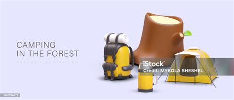 숲에서 캠핑 거대한 현실적인 나무 그루터기 노란 텐트 보온병 배낭 3차원 형태에 대한 스톡 벡터 아트 및 기타 이미지 3차원