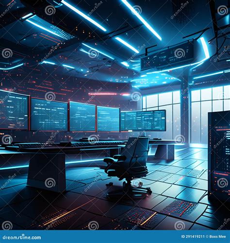 3d Rendering Of An Office Interior With A Lot Of Monitors On The Wall Generative Ai Stock