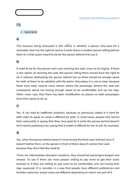 Ps6 Solution Problem Set 6 Respuestas Economic Organizations And Markets Ps 1 Social Norms