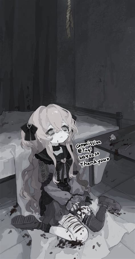 Original Commentary Commission Highres Girl Artist Name Attempted Suicide Bed Black Bow