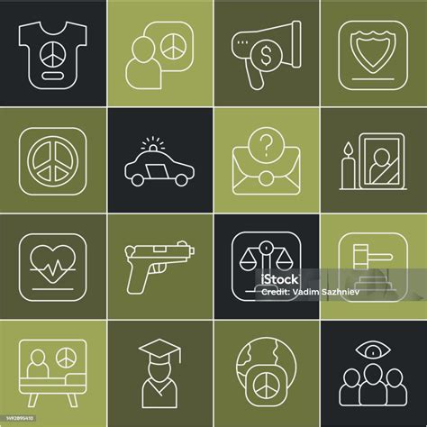 라인 스파이 요원 판사 망치 애도 사진 프레임 확성기 및 달러 경찰차 점멸 장치 평화 및 물음표 아이콘이있는 봉투를 설정하십시오 벡터 건강관리와 의술에 대한 스톡 벡터 아트