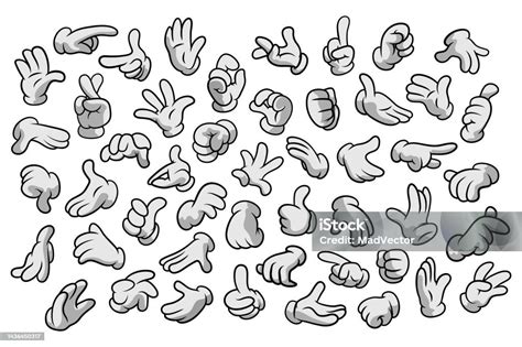 복고풍 만화 장갑을 낀 손 제스처 장갑 아이콘 세트가 고립 된 만화 손 벡터 클립 아트 신체의 일부 흰색 장갑의 팔 손 제스처 컬렉션 그래픽을 위한 디자인 템플릿 손에 대한