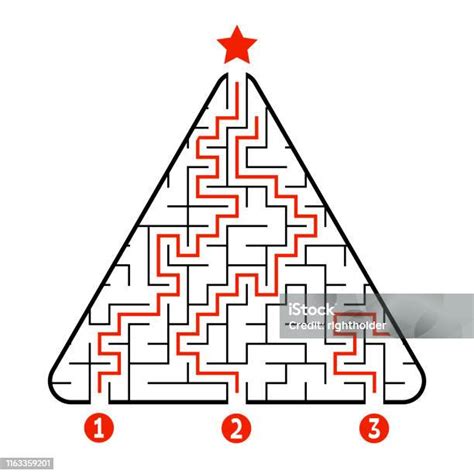 추상 삼각형 미로입니다 아이들을위한 게임 아이들을위한 퍼즐 별에 대한 올바른 경로를 찾습니다 미로 수수께끼 흰색 배경에 격리된 벡터 그림입니다 대답과 함께 크리스마스
