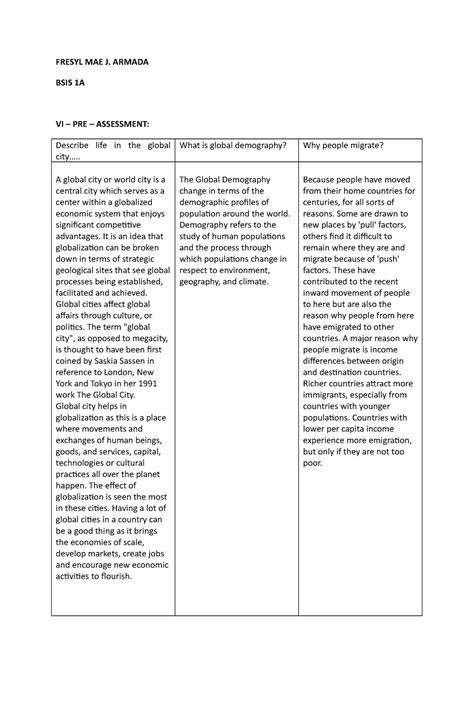 Globalization Economy FRESYL MAE J ARMADA BSIS A VI PRE ASSESSMENT Describe Life In The
