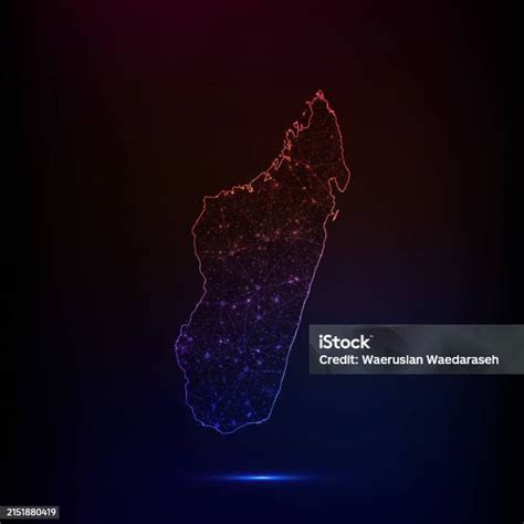 마다가스카르지도 개요 별과 선 여러 색상 추상 프레임 워크 어두운 배경에 미래 지향적인 낮은 다각형 와이어 프레임 선 및 점