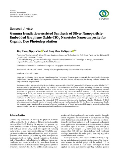 Pdf Gamma Irradiation Assisted Synthesis Of Silver Nanoparticle Embedded Graphene Oxide Tio2