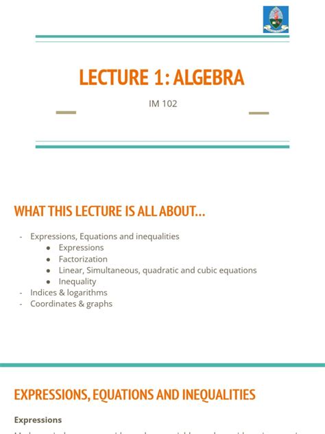 im 102 algebra lecture 1 pdf equations quadratic equation