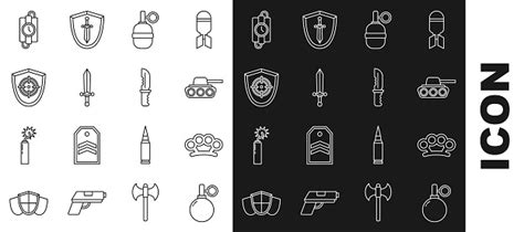 세트 라인 손 수류탄 황동 너클 군사 탱크 중세 칼 대상 스포츠 다이너 마이트 스틱 타이머 시계와 칼 아이콘 벡터 갈매기표 수장에 대한 스톡 벡터 아트 및 기타 이미지