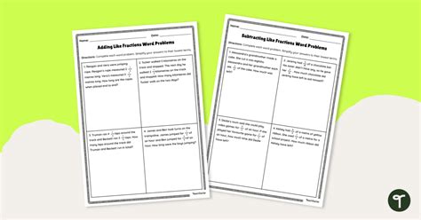 Adding And Subtracting Like Fractions Word Problems Worksheets Teach
