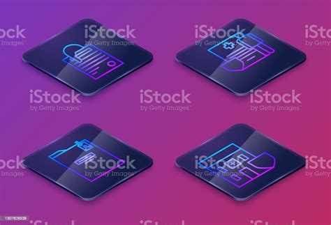 아이소메트릭 라인 파일 문서 및 종이 클립 개인 폴더 임상 기록이있는 의료 클립 보드 및 방패가있는 의료 병원 건물을 설정합니다 파란색 정사각형 버튼 벡터 3차원 형태에