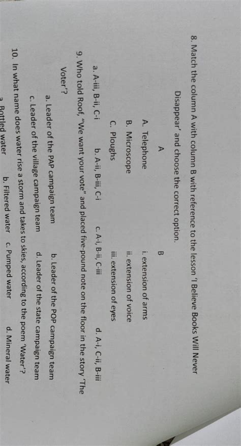 Match The Column A With Column B With Reference To The Lesson I Believe