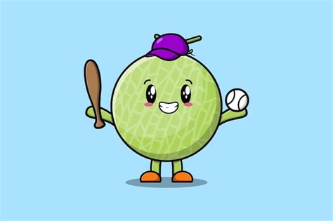 현대적인 스타일의 디자인으로 야구를 하는 귀여운 만화 멜론 캐릭터 프리미엄 벡터