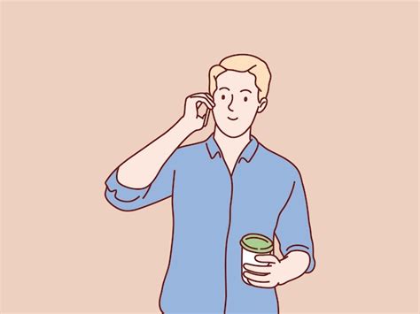 종이 커피 컵 간단한 한국 스타일 일러스트를 들고 휴대 전화에 얘기하는 웃는 남자 프리미엄 벡터