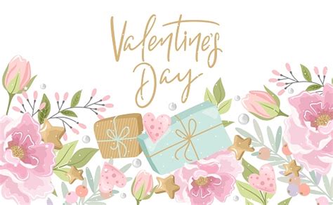 꽃 과자 가지 낭만적 인 요소와 필기 텍스트와 발렌타인 데이 인사말 카드 벡터 그림입니다 초대 인사 인사말 포스터에 대한 템플릿입니다 꽃 나무에 대한 스톡 벡터 아트 및