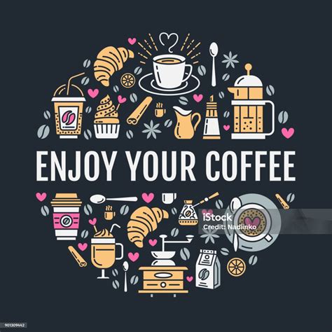 커피 만드는 포스터 템플릿 벡터 라인 아이콘 메뉴에 대 한 원형 그림 양조 요소커피 메이커 프랑스 압박 커피 분쇄기 에스프레소 크로 컵 케 익 개념 기호에 대한 스톡 벡터