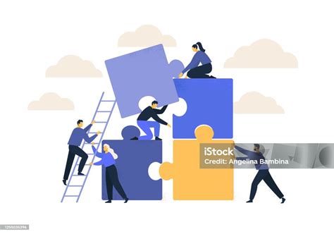 비즈니스 개념 팀 은유 퍼즐 요소를 연결하는 사람들 벡터 일러스트 플랫 디자인 스타일 팀워크 협력 파트너십의 상징 퍼즐에 대한 스톡 벡터 아트 및 기타 이미지 Istock