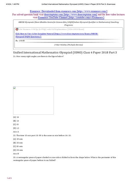 Uimo Class 4 Paper 2018 Part 3 Pdf Mathematics